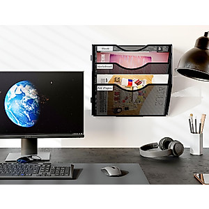 PAG Hanging Wall File Holder, 3 Tier Mail Sorter for Wall, Mesh Office Wall Organizer For Papers/Folders/Files Clipboard & Magazine, Black