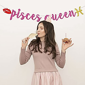 Pisces Queen Banner, February March Birthday Banner, Pisces Sign, Zodiac Pisces Birthday Party Decorations for Her, Happy 21st ,25th, 30th, 40th,50th, 60th Birthday Party Decor, Rose Glitter