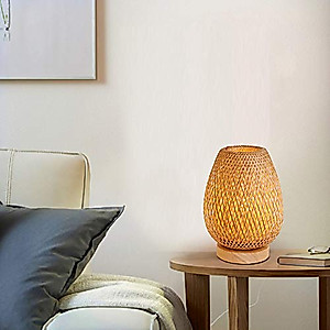 Bamboo Weaving Table Lamp with Handmade Natural Wooden Base, Eye-Caring Bedroom Bedside Night Light, Retro Desk Lamp Reading Light Home Decor, Unique Handicraft House Warmging Gift