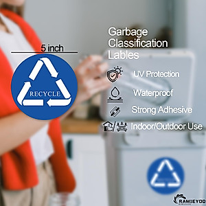 RAMIEYOO Design Recycle Sticker,5 Pack Recycle Sign Decals,Self-Adhesive Recycling Stickers,Recycle and Trash Vinyl for Trash Can 5 * 5 Inches (Recycle Labels/Blue)