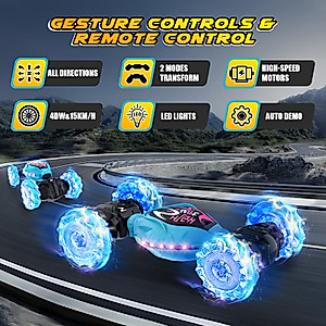 OSIMILY Remote Control Car,2.4GHz LED Gesture Sensing RC Stunt Car,4WD Double Sided Rotation RC Car with Lights and Music,All Terrain Rotation Drift Car Birthday Gifts for Boys Girls (Blue)