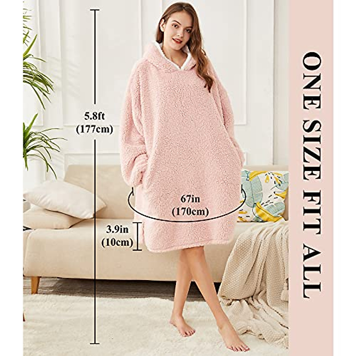 LetsFunny Oversized Blanket Sweatshirt, Plush Wearable Blanket with Pocket, Super Warm Cozy Sweatshirt Hooded Blanket for Adult Women Men Teens, One Size Fits All (Light Pink, Adult)