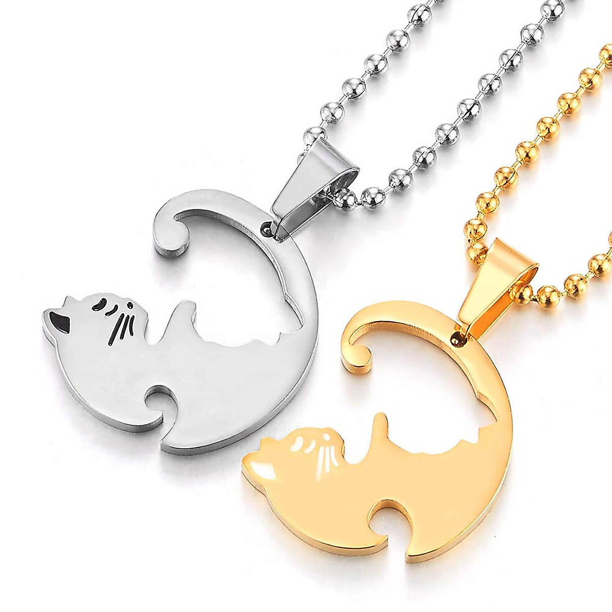 COOLSTEELANDBEYOND Pair Steel Gold Silver Matching Kitty Cat Friendship Pendant Necklace, Lovers Couples Friends