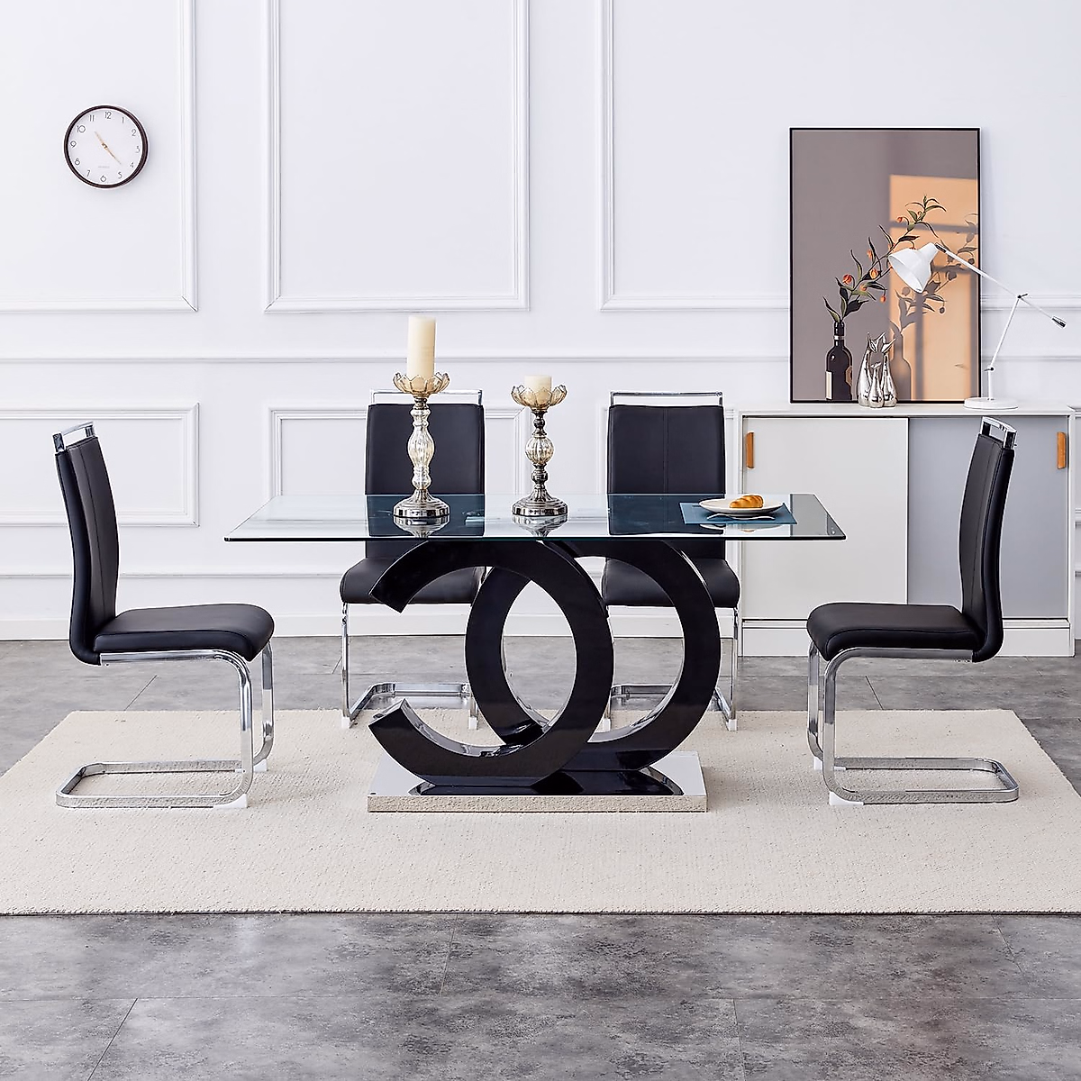 FURNITO 63'' Glass Dining Table Set for 4,Modern Dining Table Set for 4,Tempered Glass Table Top and High-End Design MDF Base with 4 Leather Ergonomic Dining Chairs