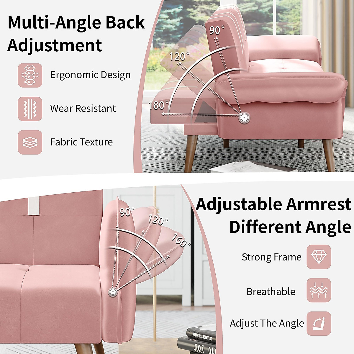 Shintenchi Futon Sofa Bed Modern Folding Sleeper Couch Bed for Living Room,Velvet Loveseat Sofa Couch Sofa cama for Apartments Office Small Spaces,w/Adjustable Armrests Backrest,Pink