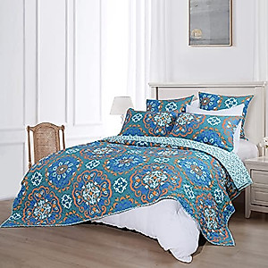PHF 100% Cotton Fabric Boho Paisley Quilt Set Queen/Full Size, 3PCS Lightweight Cozy Bedspread for All Season, Extra Soft Reversible Bed Spread, Coverlet 90" x 90" and 2 Pillow Shams, Teal Blue