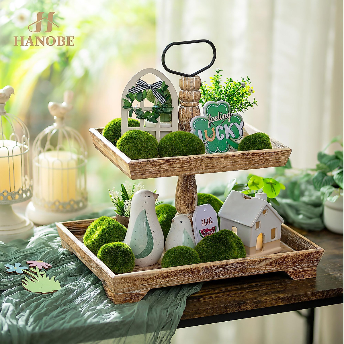 Hanobe Tiered Tray for Table Decor: 2 Tier Easter Serving Stand Farmhouse Decorative Tray for Coffee Bar Centerpiece Rectangle Wood Display Stands Kitchen Counter (Brown)