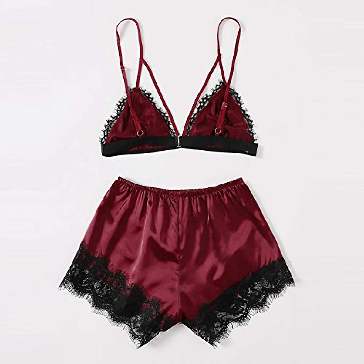 wodceeke Women's Sexy Lace Sling Split Lingerie Embroidered Bra and Satin Shorts Set Home Pajamas (Wine, M)