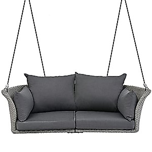 Wicker Porch Swing 2-Person Rattan Hanging Swing Bench Woven Outdoor Swing Chair with Adjustable Ropes & Cushions, for Patio Backyard Poolside Garden, Gray Wicker