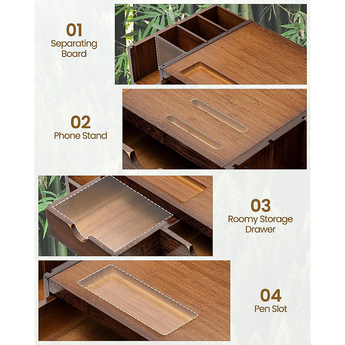 Crestlive Products Monitor Stand Riser, Bamboo Computer Desk Organizer with Adjustable Storage Drawers Laptop Cellphone TV Printer Stand, Antique Brown