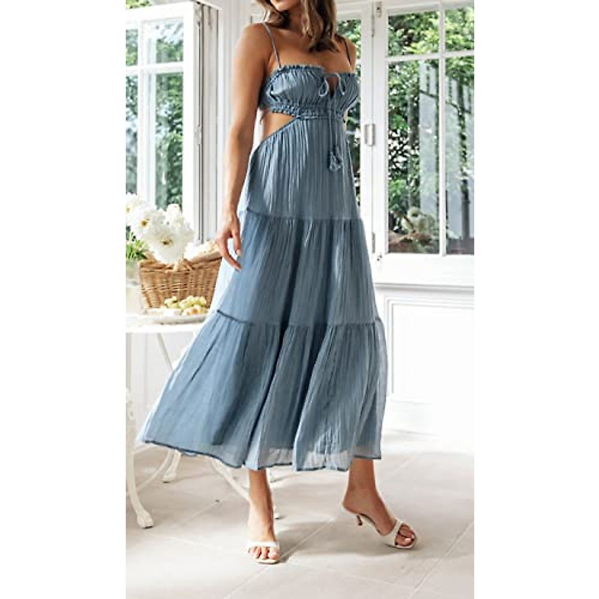 Women Y2k Bodycon Long Dress Spaghetti Strap Low Cut Dress Sexy Backless High Split Maxi Dress Clubwear Z-Blue