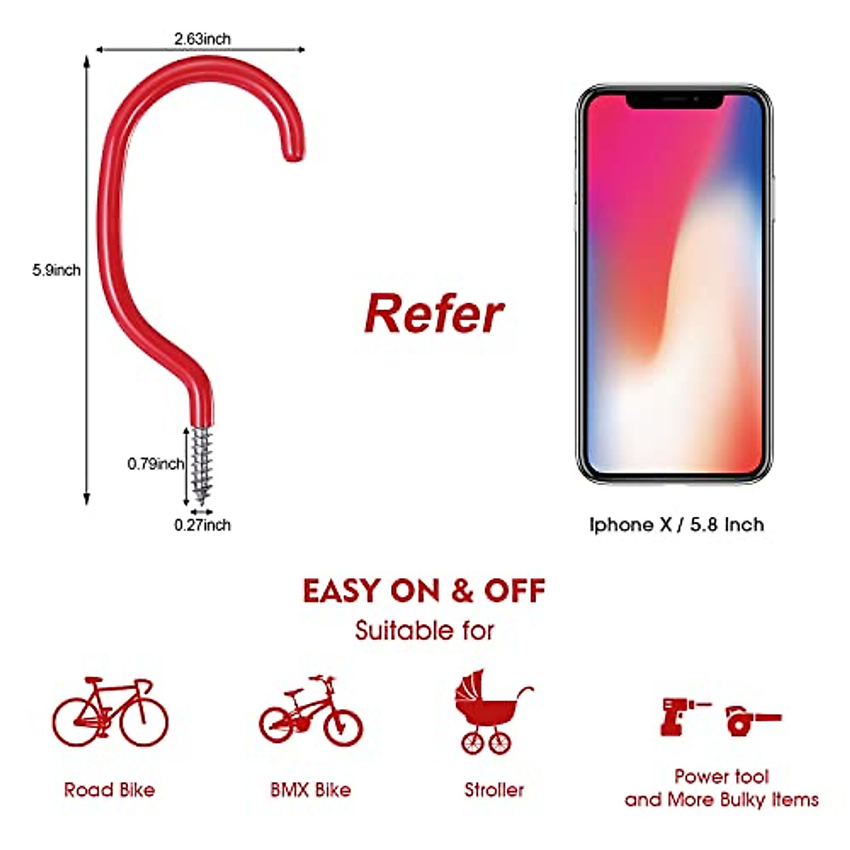 ROTHLEY Garage Hooks Heavy Duty : Bike Hooks for Garage Wall Ceiling Thickened Vinyl Coating Bike Hangers for Garage Large Screw in Storage Hooks Bicycle Hooks for Hanging in Garage (8 Pack,Red)