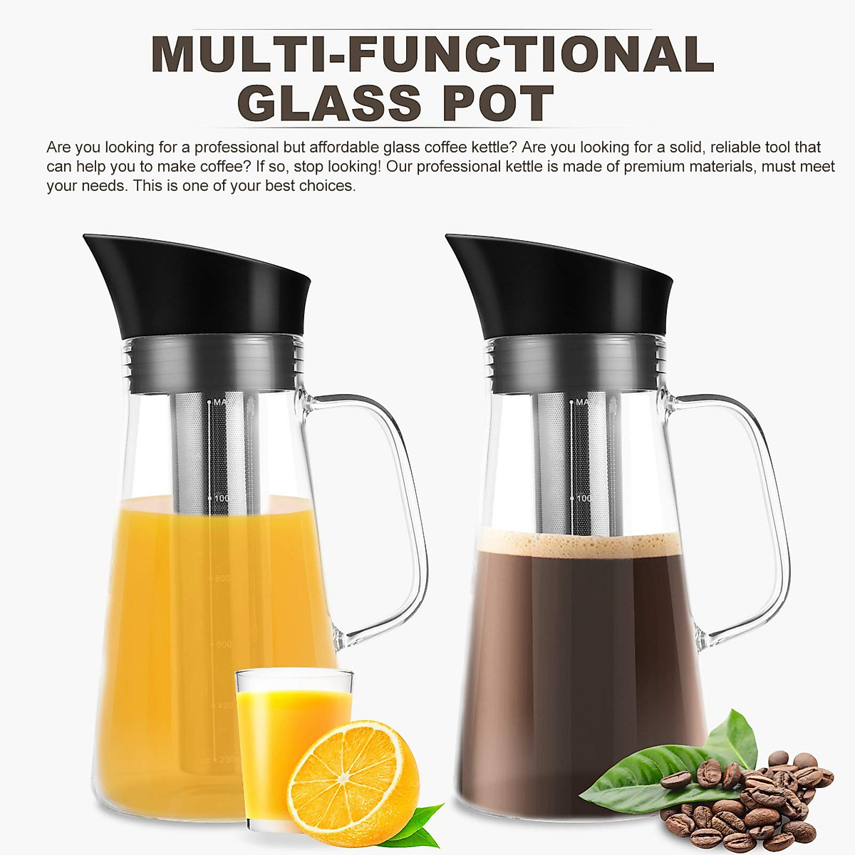 Hemoton Espresso Machine Espresso Machine Cold Brew Iced Coffee Maker and Tea Infuser with Spout Glass with Stainless Steel Filter Glass Pitcher 1200ml Stainless Steel Water Bottle Cold Brew Coffee