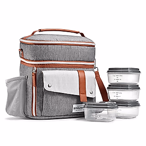 Fit & Fresh Foundry Extra Large Insulated Lunch Box for Men & Women, Large Lunch Bag for Meal Prep, Double Decker Adult Lunch Box for Men with Containers, Adjustable Strap, Dual Compartment, Steel