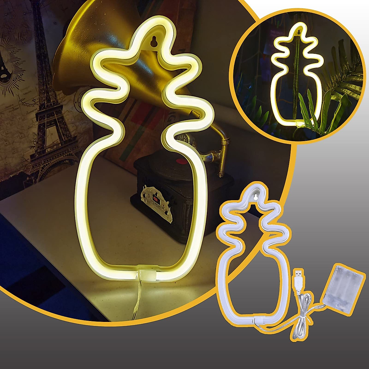 Cakina Musical Birthday That Open LED Pineapple Neon Signs Decor Night Light Warm White Wall Decor Neon Light Signs Battery USB Powered for Room Decoration Led Room Lamp for Bedroom