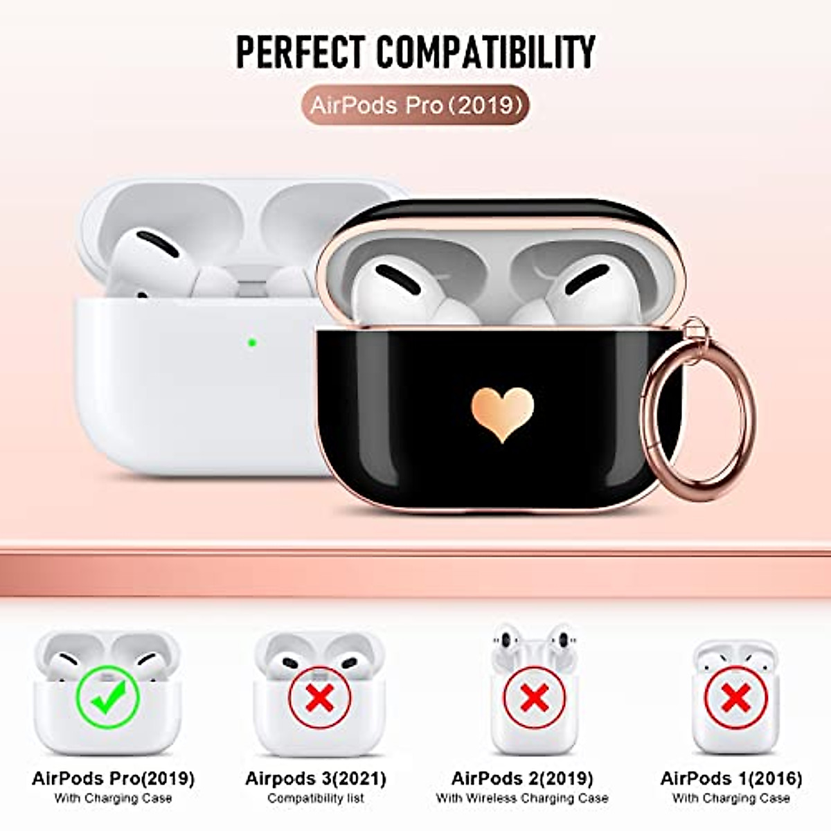 Maxjoy Airpods Pro 2 Case Cover,Cute Electroplating with Gold Heart Pattern with Lanyard Shockproof Cover for Girls Woman Airpods Pro 2 Generation Case-Black