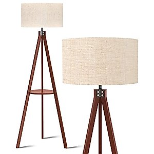 LEPOWER Tripod Floor Lamp, Mid Century Wood Standing Lamp, Modern Design Shelf Floor Lamp for Living Room, Bedroom, Office, Flaxen Lamp Shade with E26 Lamp Base
