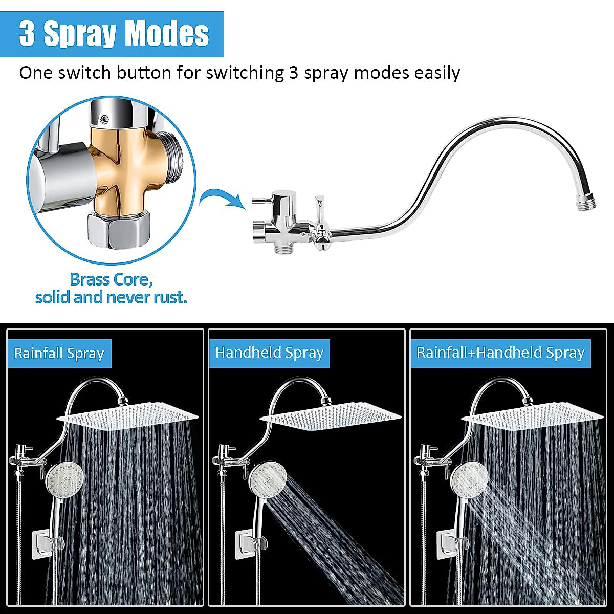 Taiker Shower Head, 8 Inch High Pressure Rainfall Shower Head/Handheld Showerhead Combo with 11.5 Inch Adjustable Curved Arm, Anti-leak Shower Head with Holder/Hose, Flow Regulator, Chrome (Silver)