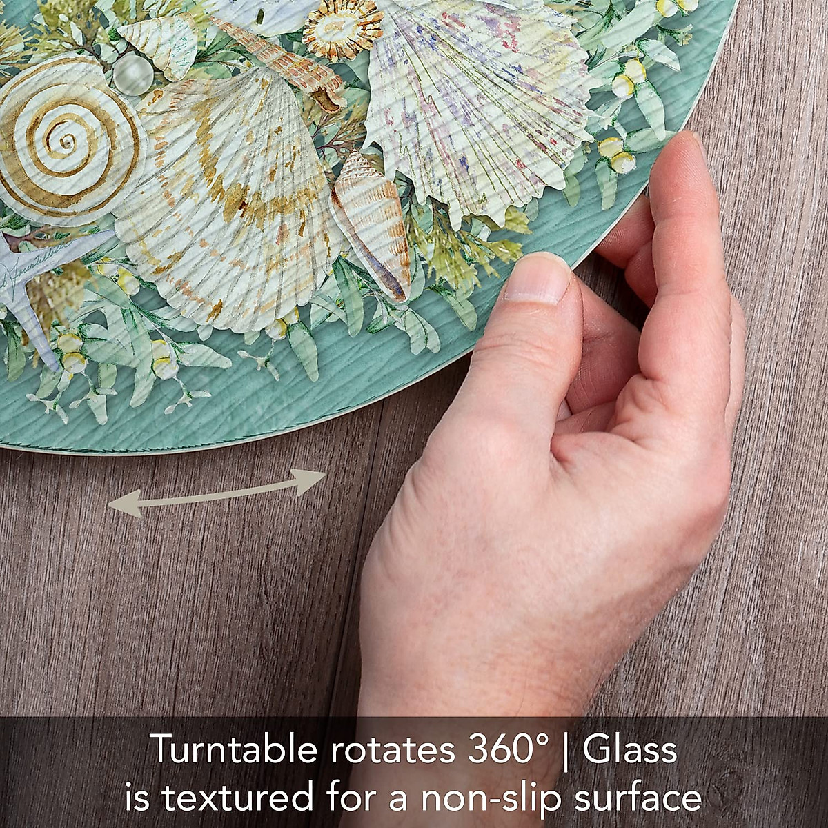 CounterArt Coastal Wreath 4mm Heat Tolerant Tempered Glass Lazy Susan Turntable 13” Diameter Cake Plate Pizza Server