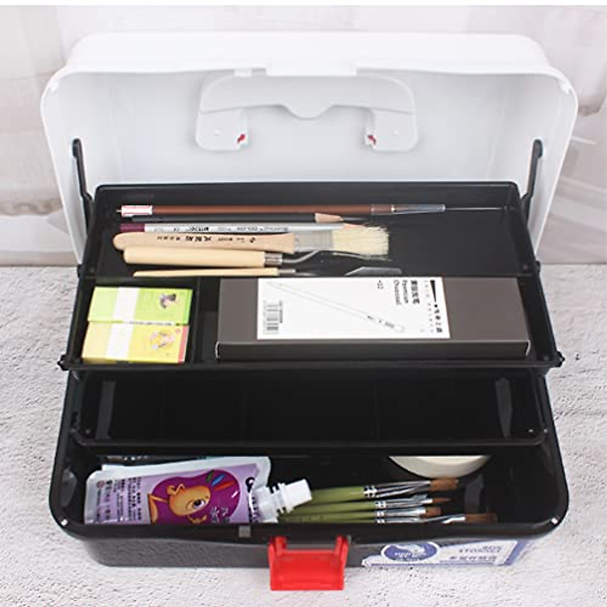 Yardwe 3- Layer Plastic Organizer Box Sewing Box Multipurpose Organizer with Removable Tray Portable Handled Storage Case for Art Craft and Cosmetic Black