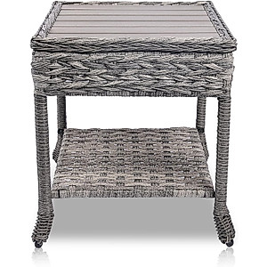 Generic Wicker Patio Side Table with Top - Multipurpose Outdoor End Table for Balcony, Porch, and Backyard Settings with 2-Tier Storage Shelf (Wooden Top), Grey, BZ001