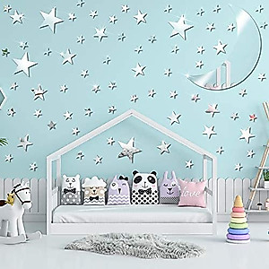 Zonon 61 Pieces Acrylic Star Mirror Wall Stickers Moon Stars Wall Decal Silver Mirror Sticker Decors Removable Star Mirror Stickers for Kids Boy Girls Baby Room Good Night House Nursery Home Bedroom
