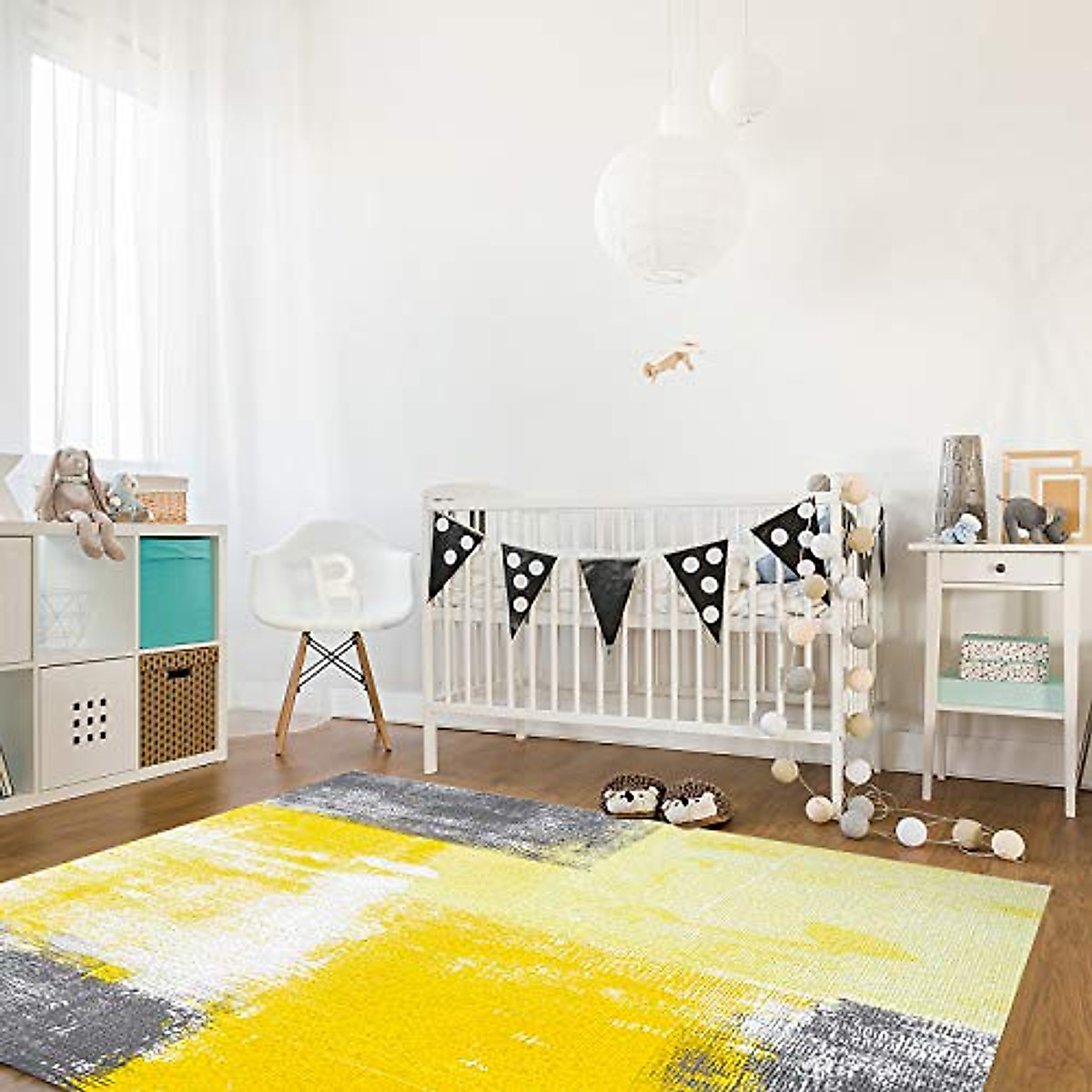 Yellow Area Rug 2'8"x5' for Living Room Bedroom Modern Abstract Gray Rug Soft Shag Rugs Non-Slip Entryway Carpet Non-Shedding Playing Mat for Kids Nursery Room Washable Rug