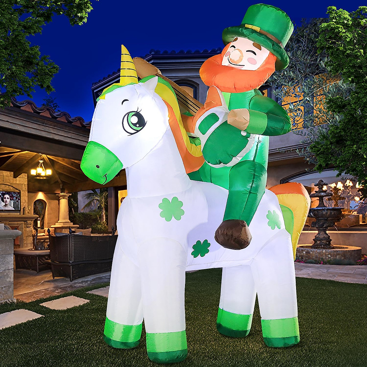 DomKom St. Patricks Day Inflatable Decorations, 5ft Happy Leprechaun Blow Up Décor Built-in LED Lights on Unicorn Playing Guitar, Lucky Day for Outdoor Holiday Party, Lawn, Yard, Garden, Patio