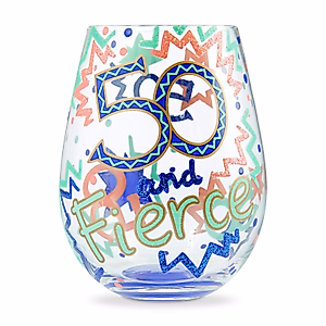 Enesco Designs by Lolita 50 and Fierce Hand-Painted Artisan Stemless Wine Glass, 1 Count (Pack of 1), Multicolor