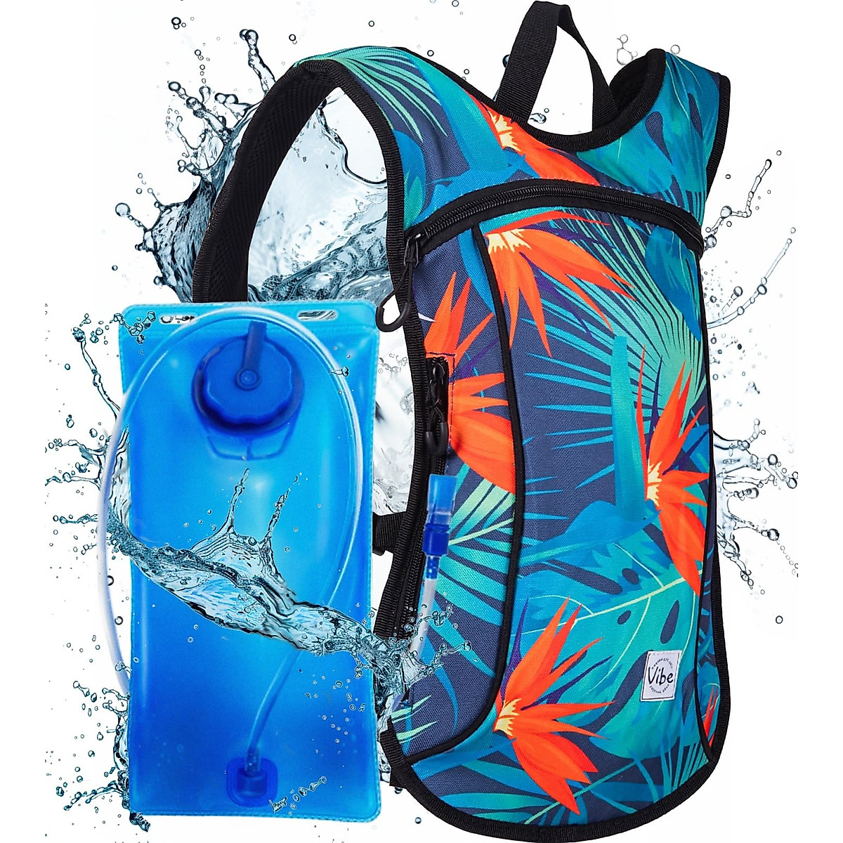 Vibe Hydration Pack Backpack with 2L Bladder for Women, Men, Teens, Kids - Sports, Outdoor, Running, Camping, Hiking, Festivals, Raves (Tropical Hawaii)