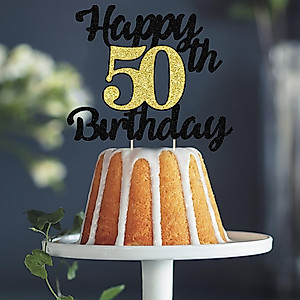 LVEUD happy birthday cake topper Black Font Golden Numbers 50th birthday happy Cake Topper -Birthday Party Decorations (50th)