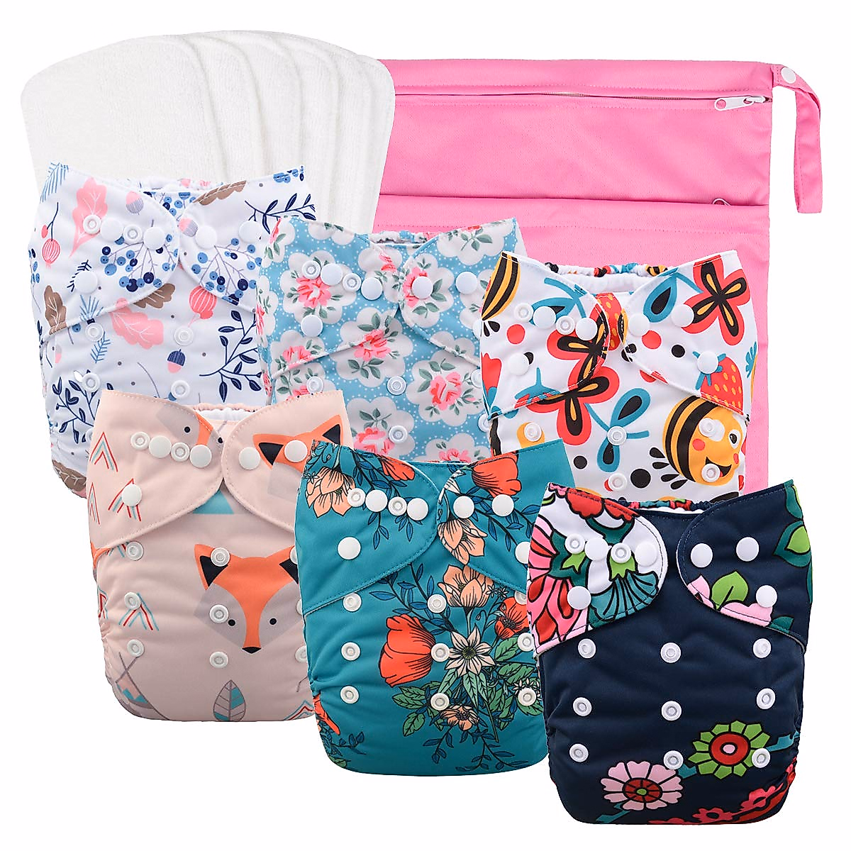 babygoal Reusable Cloth Diapers for Girls, Adjustable Washable Nappy 6pcs+ 6pcs Microfiber Inserts+One Wet Bag 6YDG08