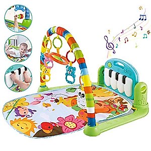 Baby Play Mat Activity Gym with Kick Piano Keyboard, Baby Jungle Gym Mat Designed with Colorful and Detachable Baby Toys in Activity Center for Tummy Time Boys and Girls Aged 0 to 3 to 6 12 Months