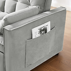 BIADNBZ 55 Inch Convertible Sleeper Sofa 3 in 1 Velvet Small Loveseat with Pull Out Bed, Reclining Backrest, Toss Pillows and Pockets, Futon Couches, 55.2"D x 33.1"W x 32.2"H, Gray