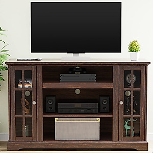 HolliWill 48" Glass Door TV Stand, Farmhouse TV Stand for 55 inch TV, Modern TV Console with Storage Cabinet, Small Entertainment Center and Ideal Media Storage for Living Room,Brown