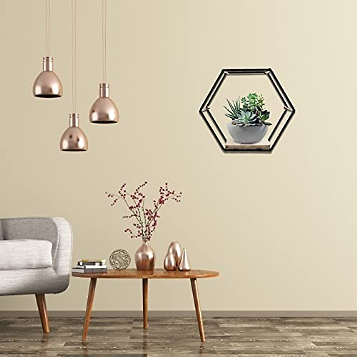 YARDWE Home Décor Wall Mounted Shelves Metal Iron Wire Hexagon Design with Wooden Base Display Racks Floating Shelves for Home Office Decoration Black Ornament Holders