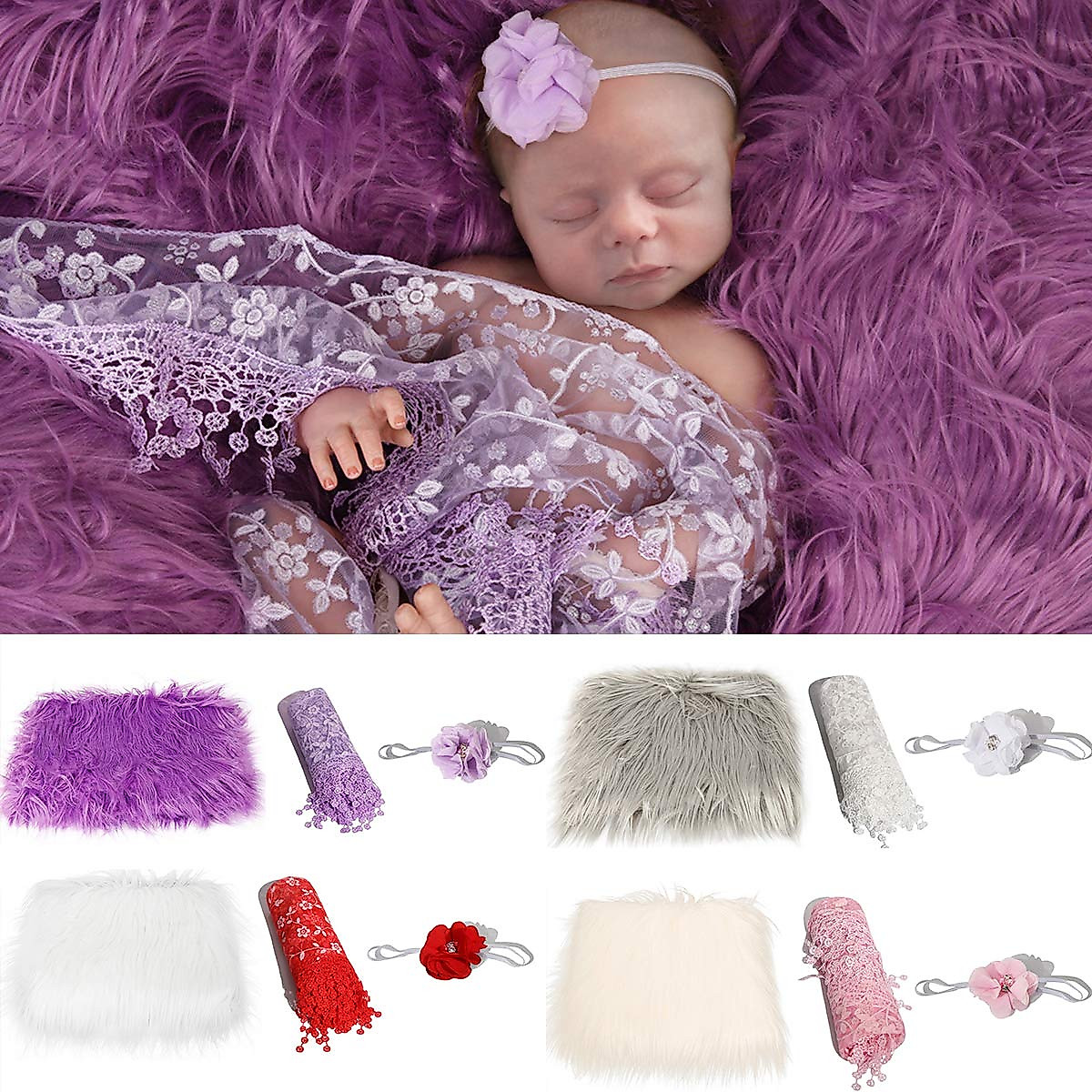 3 Pcs Newborn Photography Props Outfits, Fluffy Baby Posing Photoshoot Blanket + Embroidered Lace Baby Photo Wrap + Headband with Flower Set, Infant Toddler Girls Posing Props