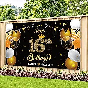 WATINC Happy 16th Birthday Backdrop Banner Background Banners 78” x 45” XtraLarge Backdrops Balloons Black Gold Party Decorations Supplies for Indoor Outdoor Photo Booth Props