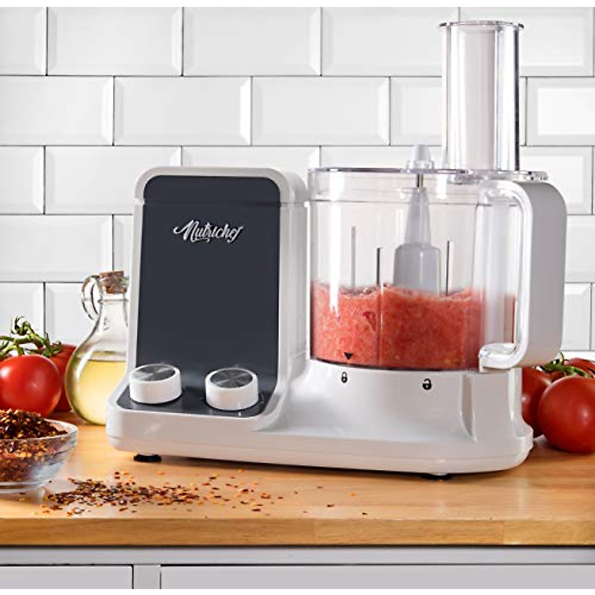 NutriChef Ultra Quiet 600 Watt Powered Electric Processor & Vegetable Chopper Multipurpose 12 Cup Processor, Speed Function for Easy Food Prep-6 Attachment Blades NCFP8, Day White