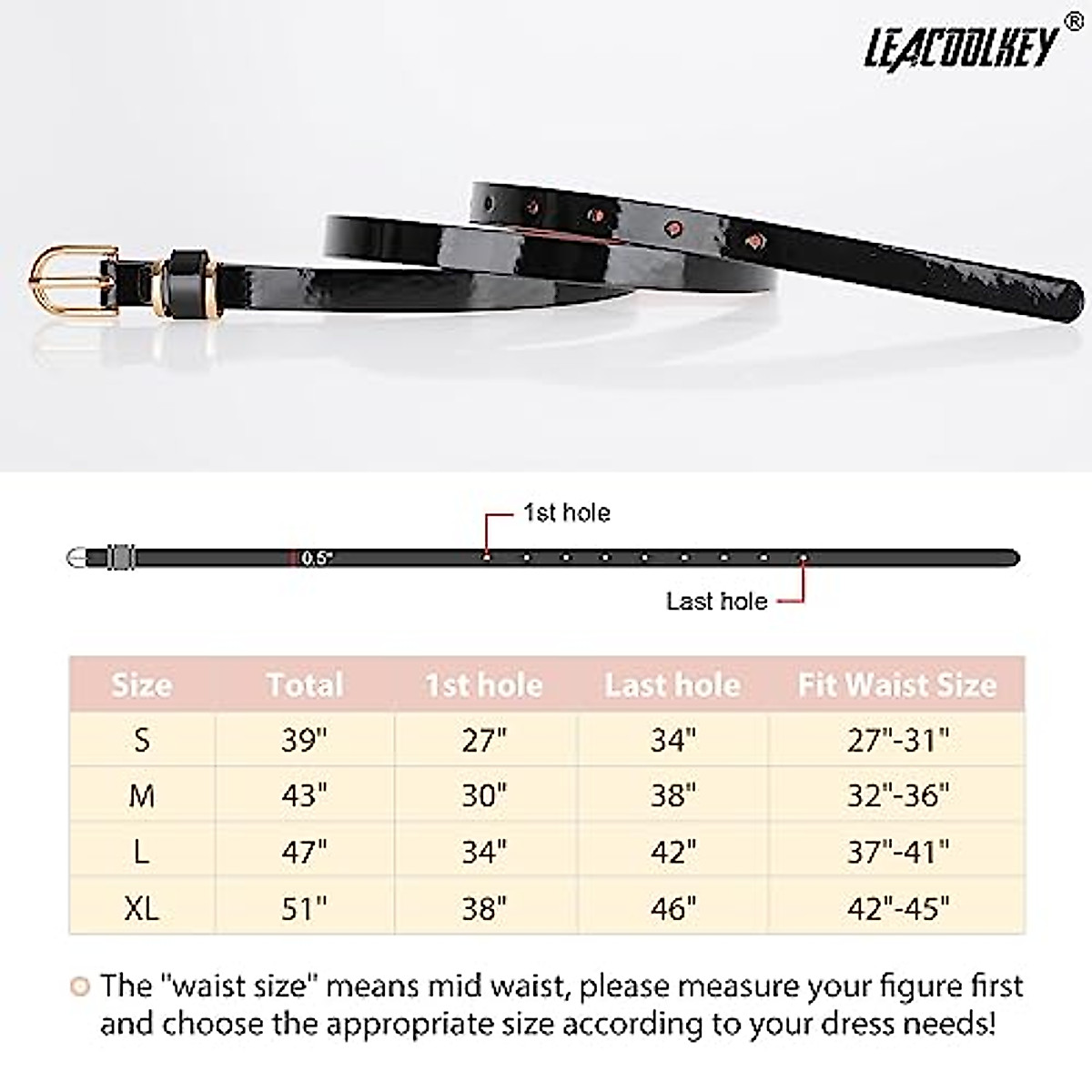 LEACOOLKEY Women Skinny Leather Belt for Dress Jeans Patent Leather Thin Waist Belt with Gold Buckle