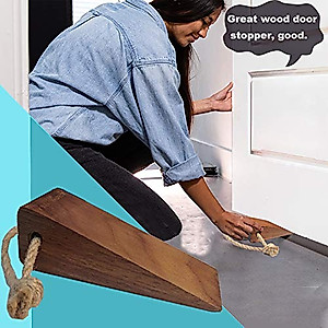 Wooden Door Stopper with Hemp Rope, Soild Walnut Wood Door Stopper, Security Non-Slip Door Stops Wedges with Sturdy and Durable (1PCS)