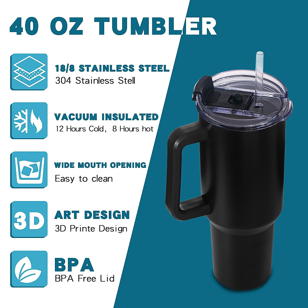 Gome 40 oz Tumbler with Handle Black - Stainless Steel Cup with Straw - Insulated Coffee Mug with Lid - Daisy Birthday Gifts for Women - Hand Wash Only