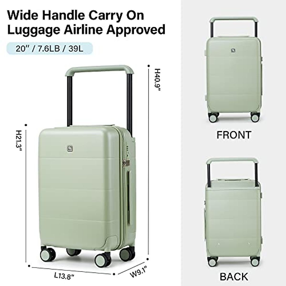 Hanke Carry On Luggage 22x14x9 Airline Approved Spinner Wheels TSA Luggage with Wide Handle Hard Shell Suitcases Lightweight Travel Luggage Women Men(Bamboo Green)