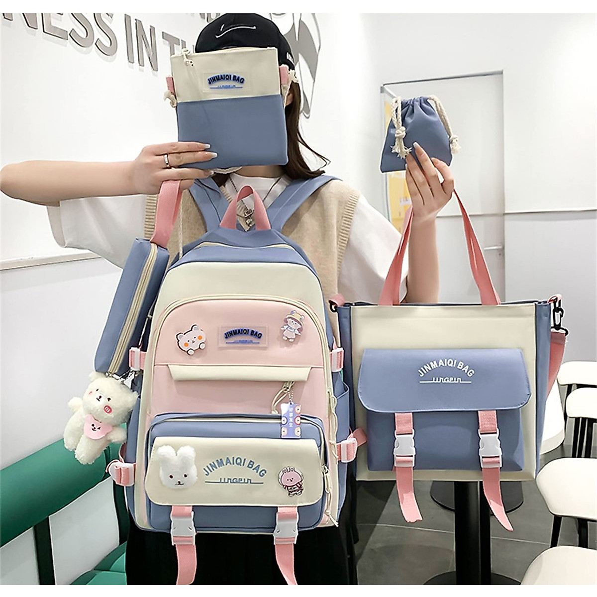 5Pcs Accessories Backpack with Pin & Set Cute Backpack Kawaii Backpack School Bags for Teen Girl