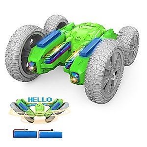 DEERC RC Stunt Car W/Flashing Lights,360 Degrees Tumbling & Rotating W/Novelty Luminous Words,4WD Drift High Speed RC Car,2 Sided Remote Control Car for Boys, 2.4G Crawler Toy Gifts for Kids