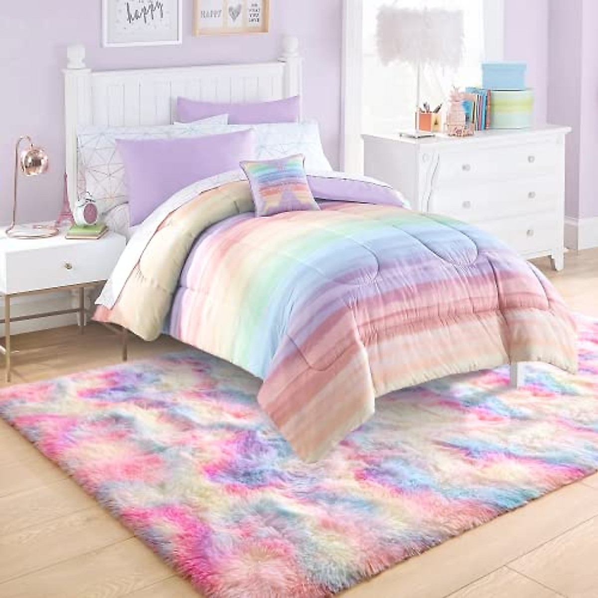 Ompaa Soft Fluffy Rainbow Kids Rug for Girls Bedroom Carpets, 4x6 Feet, Pastel Unicorn Room Decor, Kawaii Tie Dye Rugs for Teens Dorm Aesthetic, Shaggy Nursery Area Rug for Baby Toddler Princess Room
