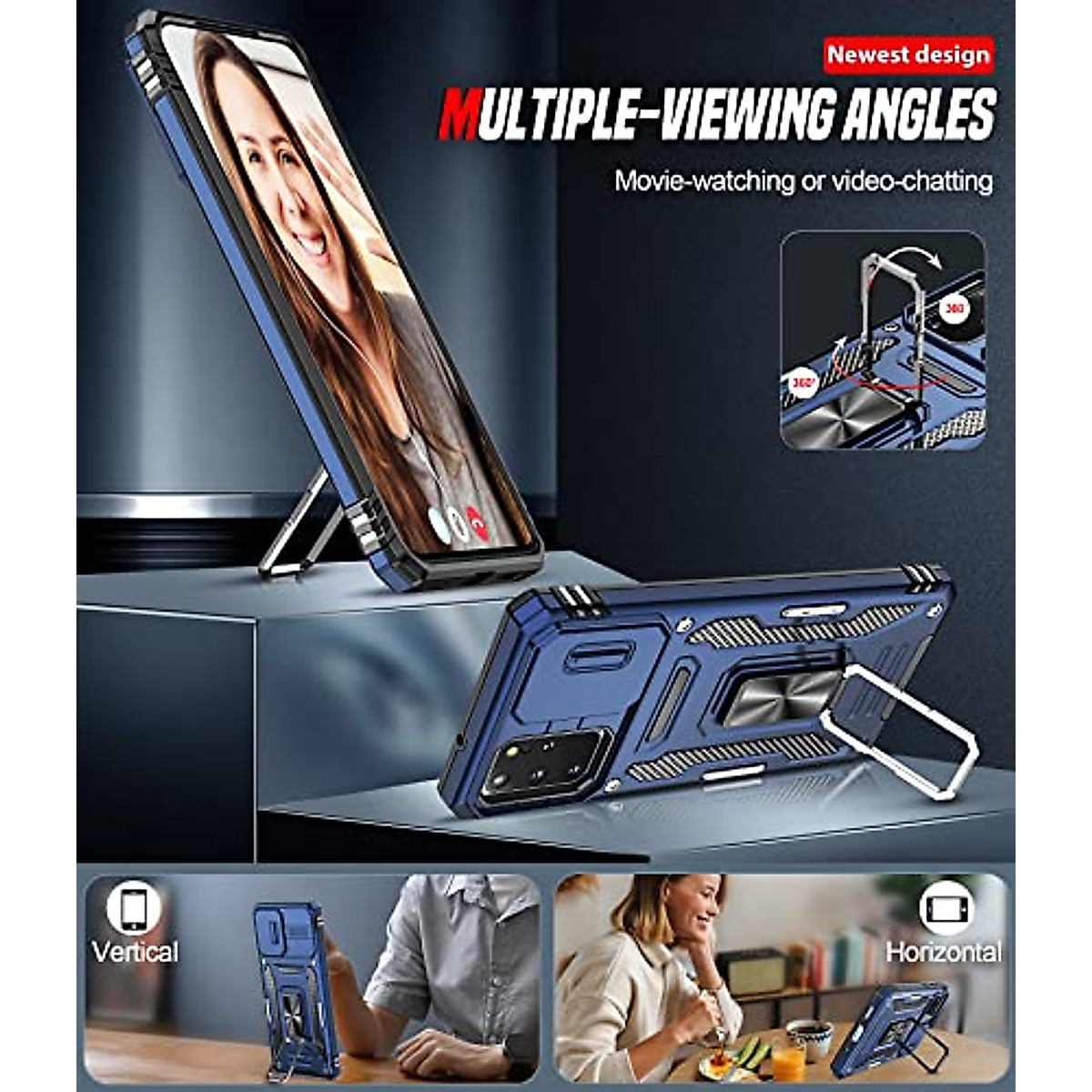 LeYi for S20 Plus Phone Case: Samsung Galaxy S20 Plus Case with Slide Camera Cover, 360 Full Body Military-Grade Phone Case with Kickstand for Samsung S20 Plus, Navy Blue