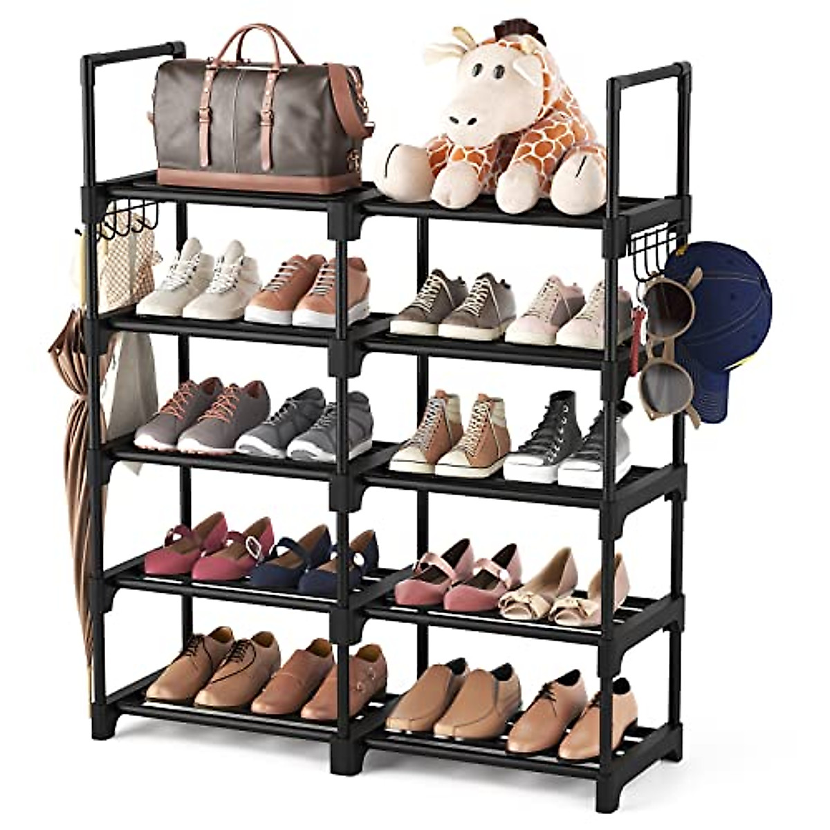 ROJASOP Shoe Rack Organizer for Closet Entryway, 20 Pairs 5-Tier Stackable Shoe Rack Storage Shelf for Hallway Bedroom Garage Dorm Free Standing Shoe Racks with Side Hooks Space Saving Shoe Rack