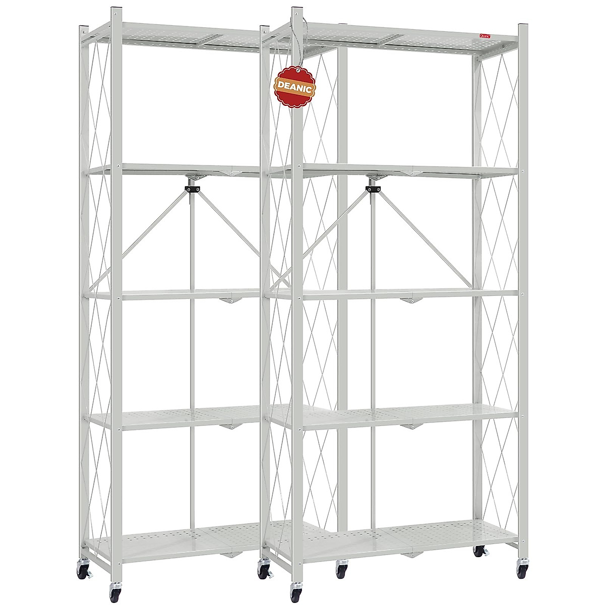 DEANIC 5 Tier Storage Shelves with Wheels, Kitchen Rolling Cart, Metal Garage Shelving No Assembly, Heavy Duty Utility Cart for Garage, Kitchen, Basement, Pantry (Grey,Pack of 2)