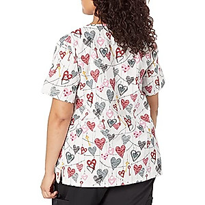 24|7 Comfort Scrubs Women's 24/7 Comfort Plus Size V-Neck Scrub Top with Pockets, Key to Heart White, 2X